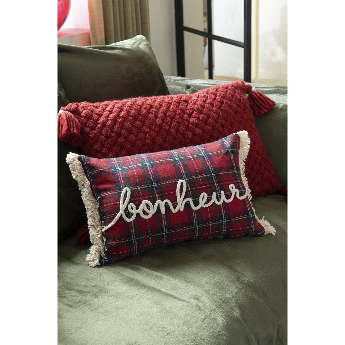 Coussin carreaux Bonheur - polyester - rouge/vert – Candle Concept